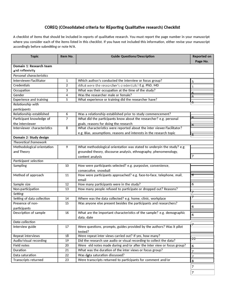 COREQ Checklist CIFER Qual Final | PDF | Focus Group | Qualitative Research