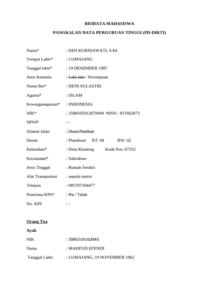Form-Biodata Pddikti | PDF