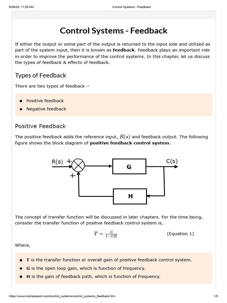 Control Systems Types of Feedback | PDF | Feedback | Positive Feedback