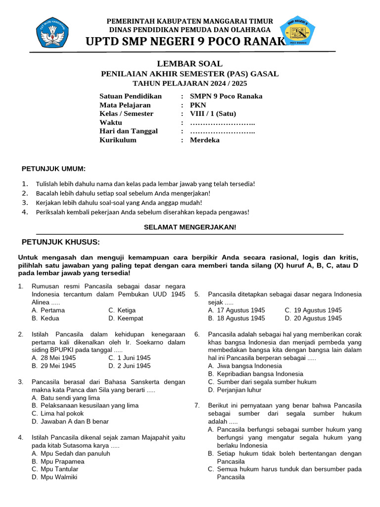 SOAL PAS Pendidikan Pancasila Kelas VIII | PDF