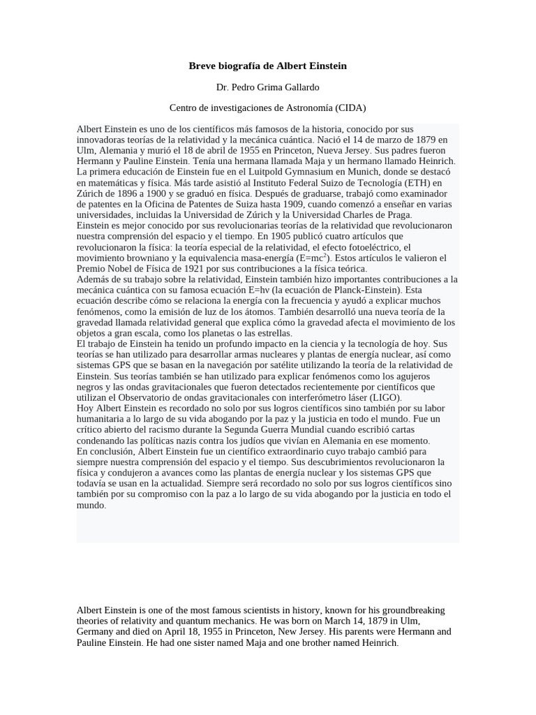 Breve Biografía de Albert Einstein | PDF | Albert Einstein | Ciencias fisicas