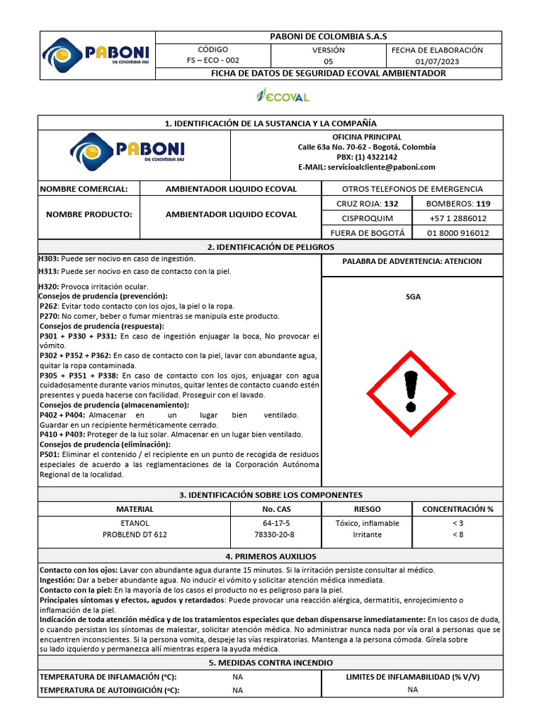 Ficha de Seguridad Ambientador Ecoval | PDF | Toxicidad
