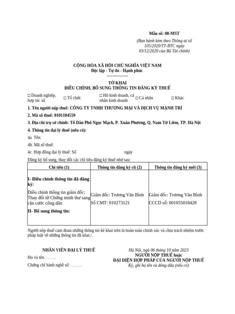 Mau 08MST Theo Thong Tu 105 | PDF