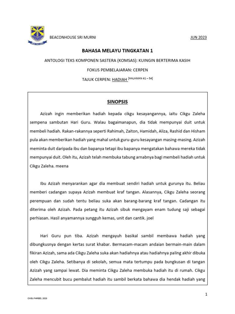 BM f1 Cerpen Hadiah | PDF