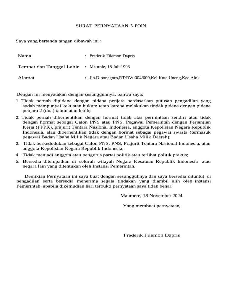 SURAT PERNYATAAN 5 POIN PPPK | PDF