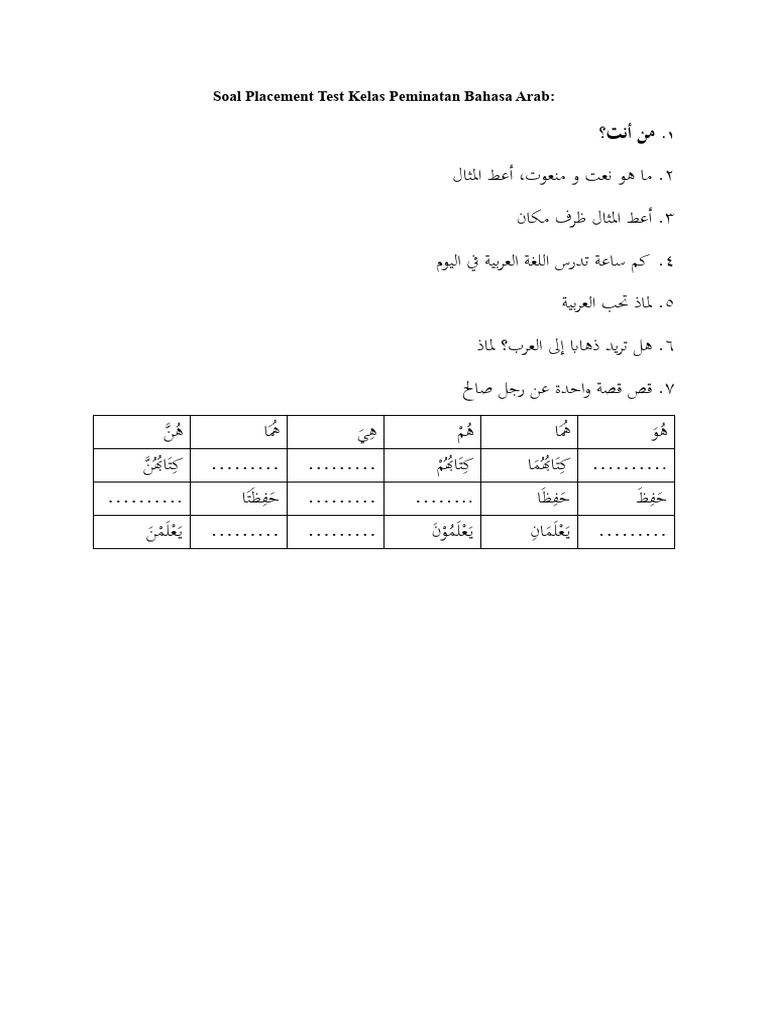 Soal Placement Tes Bahasa Arab 2024 | PDF