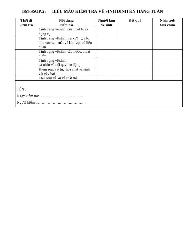 Bm-Ssop.2: Biểu Mẫu Kiểm Tra Vệ Sinh Định Kỳ Hàng Tuần | PDF