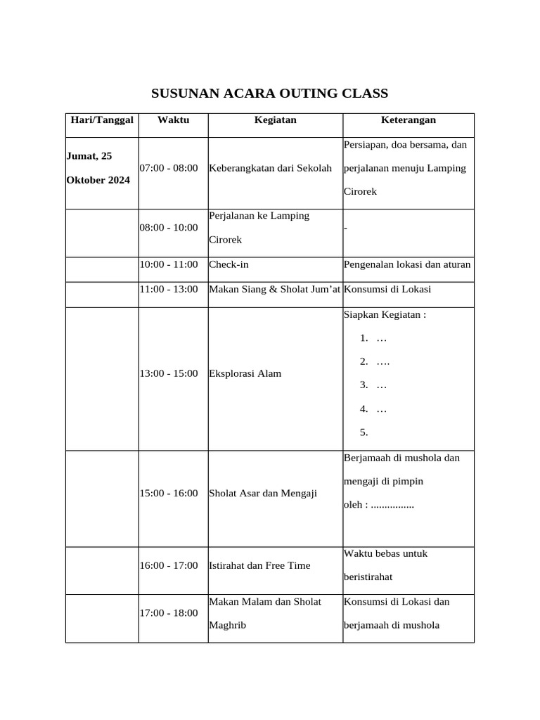 Jadwal Outing Class Lamping Cirorek | PDF