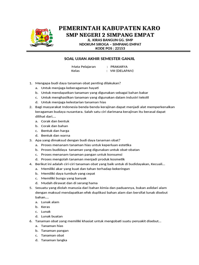 Soal UAS Prakarya Kelas 8: Kerajinan dan Budidaya | PDF