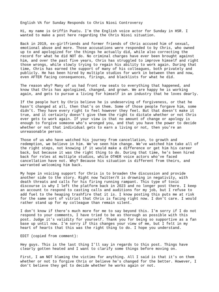 Griffin Puatu Defends Chris Niosi | PDF | Forgiveness