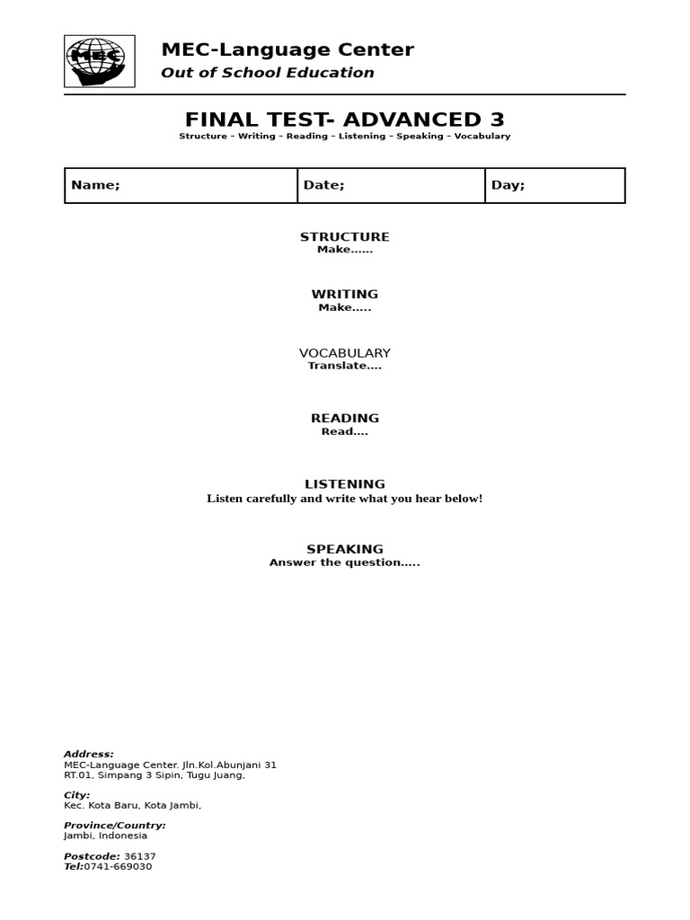 Advanced 3 Language Test Document | PDF