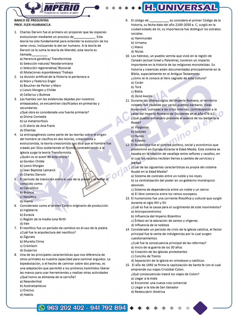 BANCO DE PREGUNTAS Repaso Final 12 Semanas | PDF | Edades medias | Feudalismo