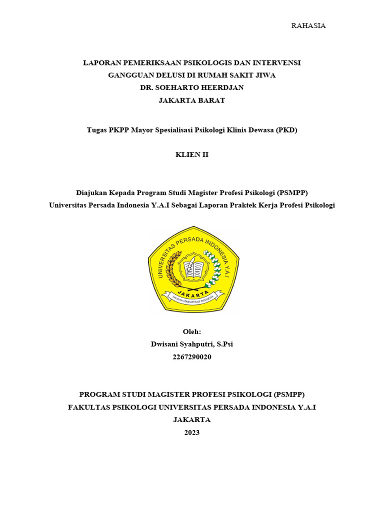 Laporan PKPP Klien 2 RSJ Soeharto Heerdjan | PDF