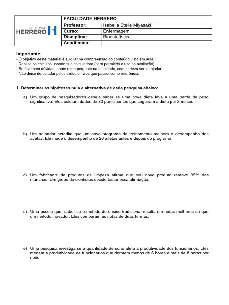 Lista Exercícios 7 - Teste de Hipótese | PDF