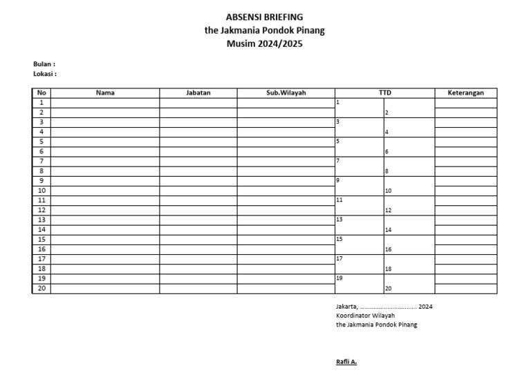 Absensi Briefing Jakmania 2024 | PDF