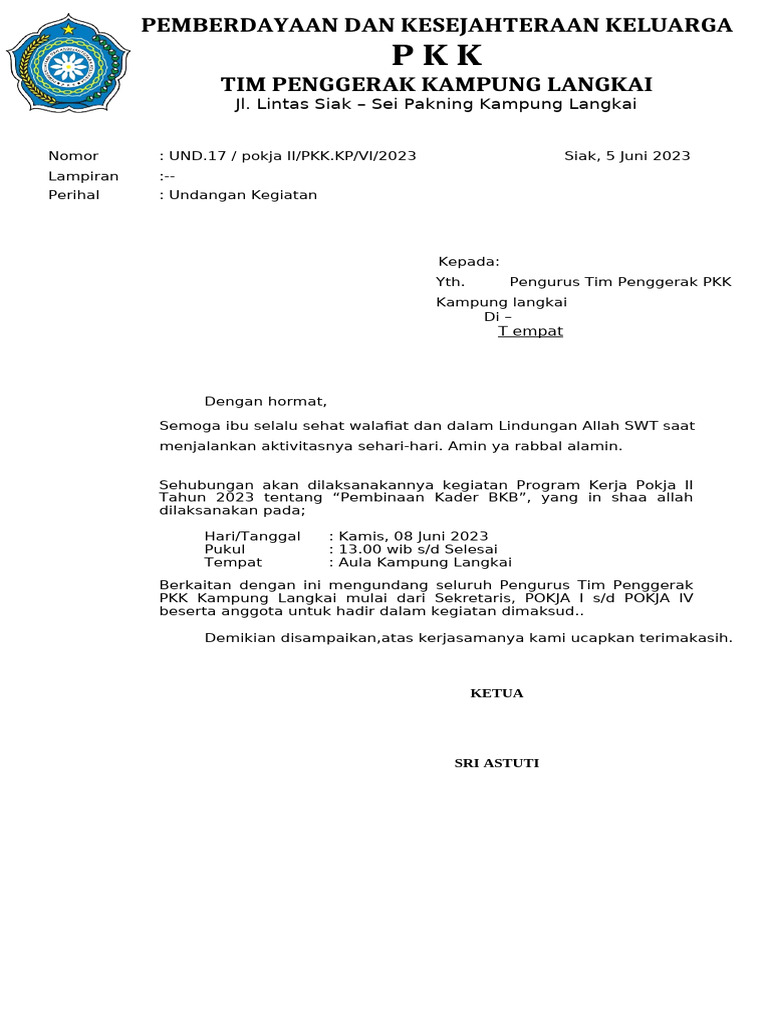 Undangan Pembinaan Kader BKB PKK | PDF