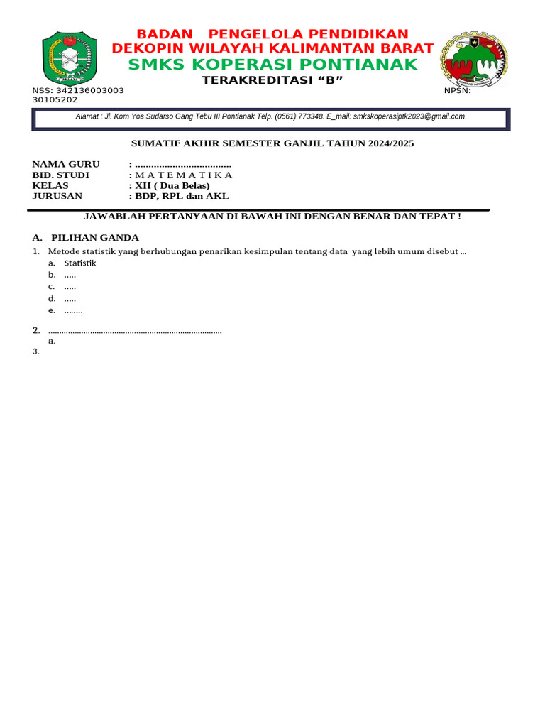 Format Soal Ulangan Semester Ganjil 2024-2025 | PDF