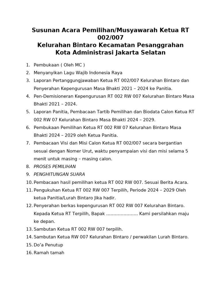 Musyawarah Pemilihan Ketua RT 2024 | PDF