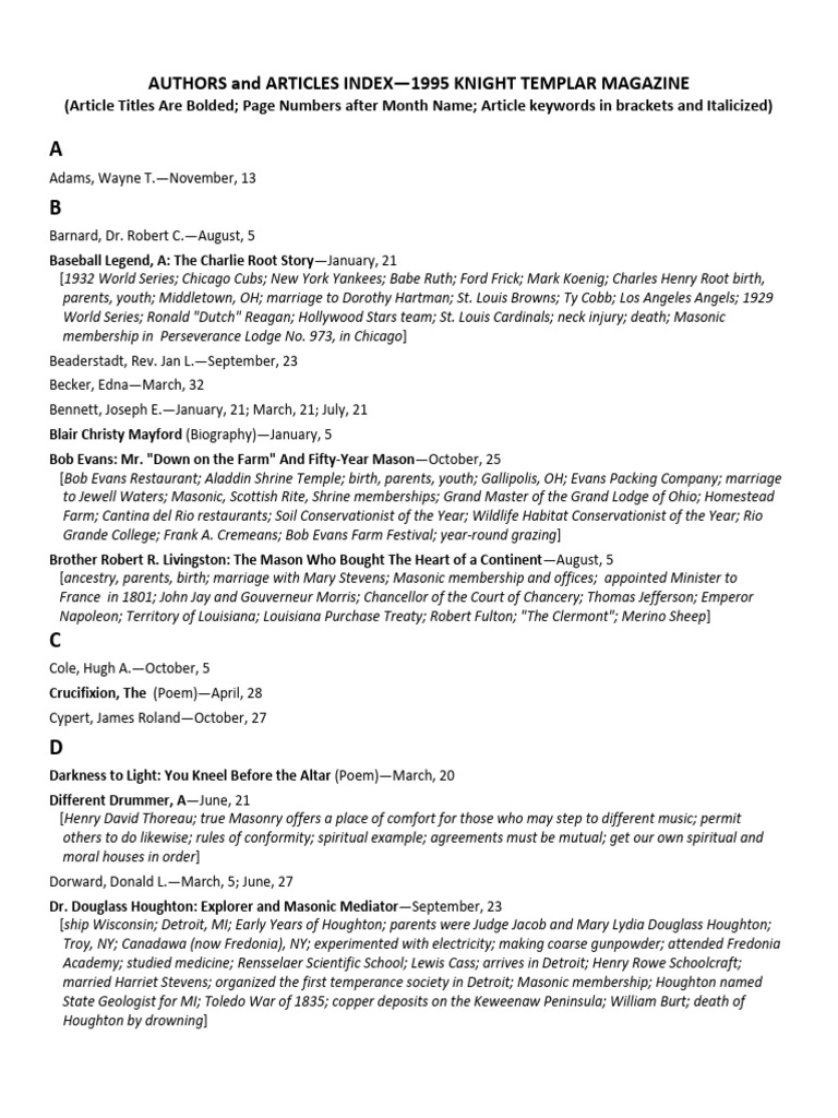 Authors and Articles Index-1995 Knight Templar Magazine | PDF