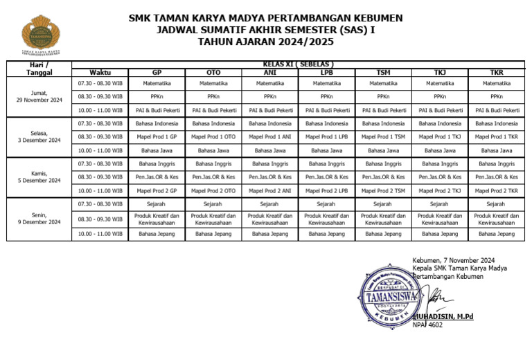 Jadwal Sas 1 Kelas Xi | PDF