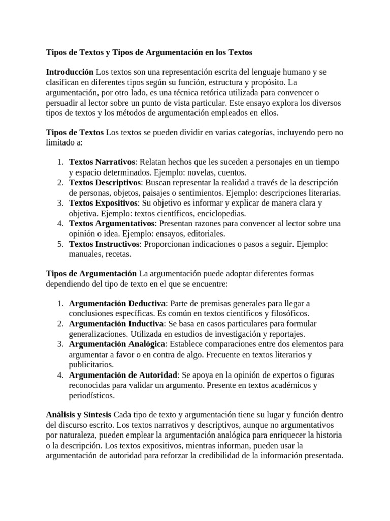 Tipos de Textos y Tipos de Argumentación en Los Textos | PDF | Ensayos ...