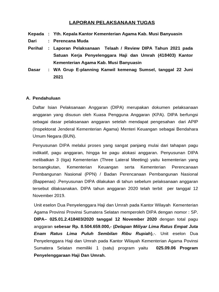 Laporan Pelaksanaan Telaah Review DIPA Tahun 2021 PHU | PDF