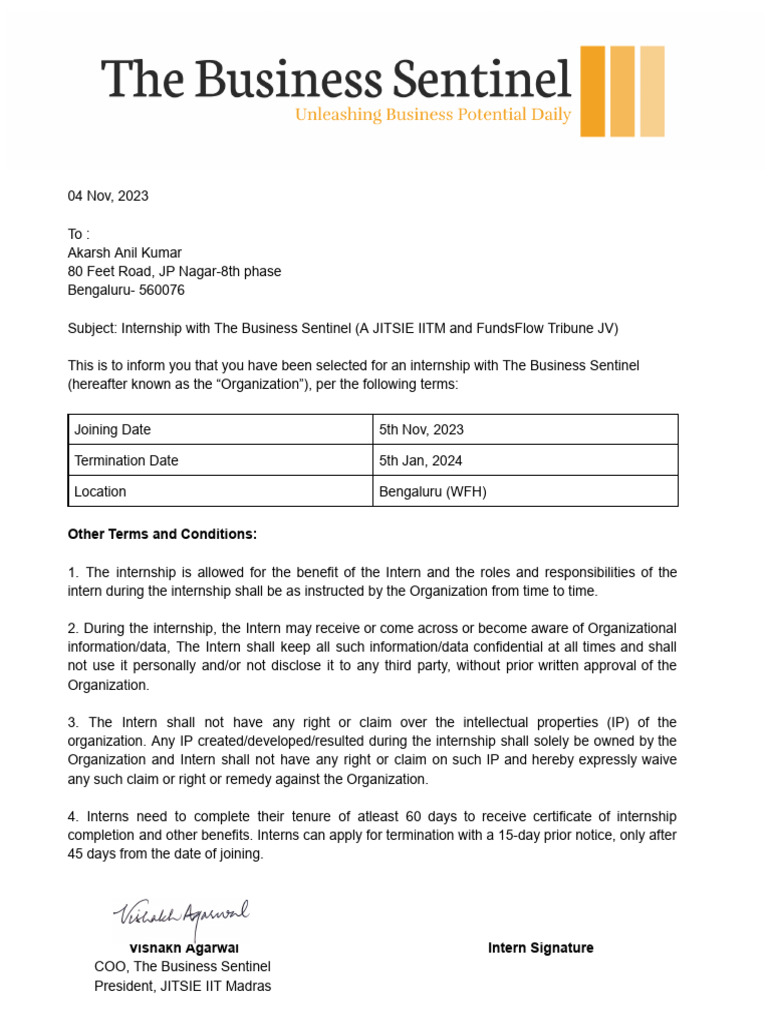 Akarsh Anil Kumar - Joining - Letter - The - Business - Sentinel | PDF