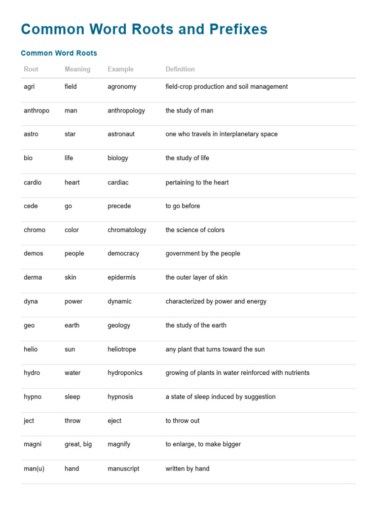 Word Roots and Prefixes Overview | PDF