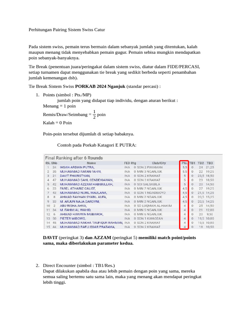 Perhitungan Pada Pairing PORKAB 2024 Catur | PDF