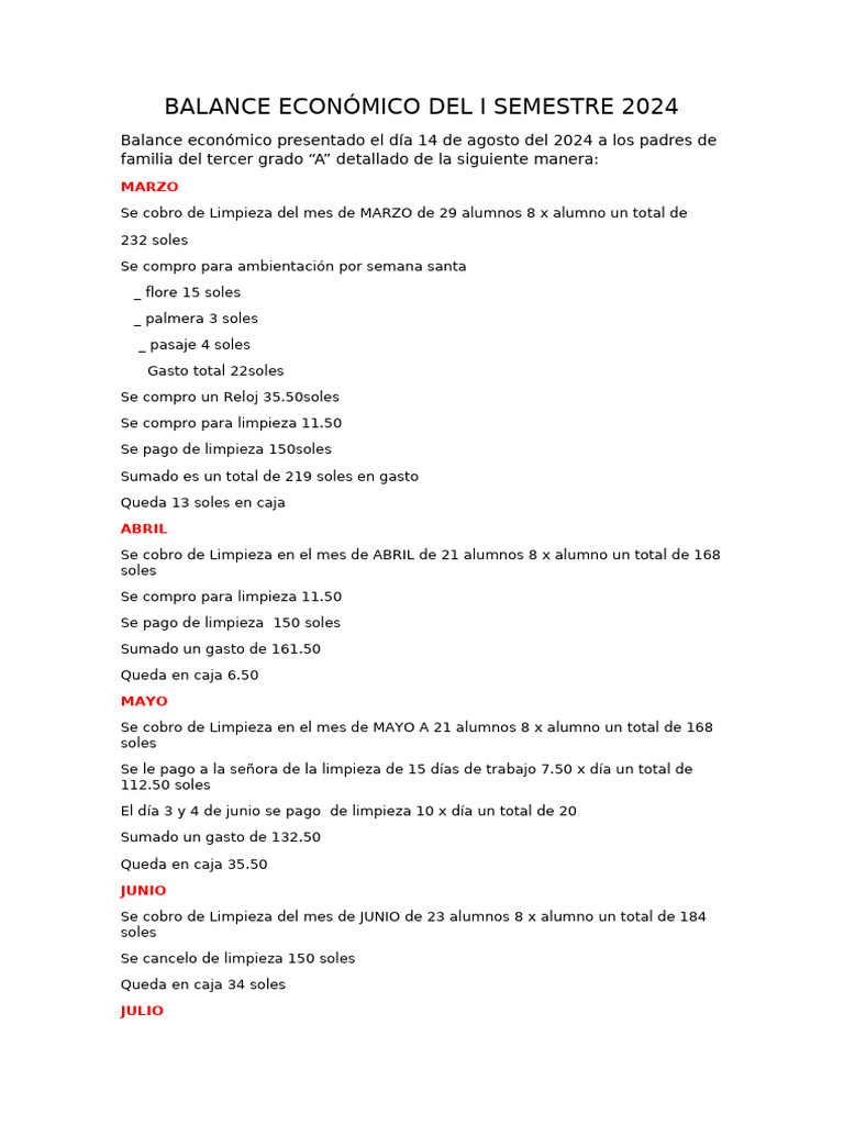 Balance Económico Del I Semestre | PDF