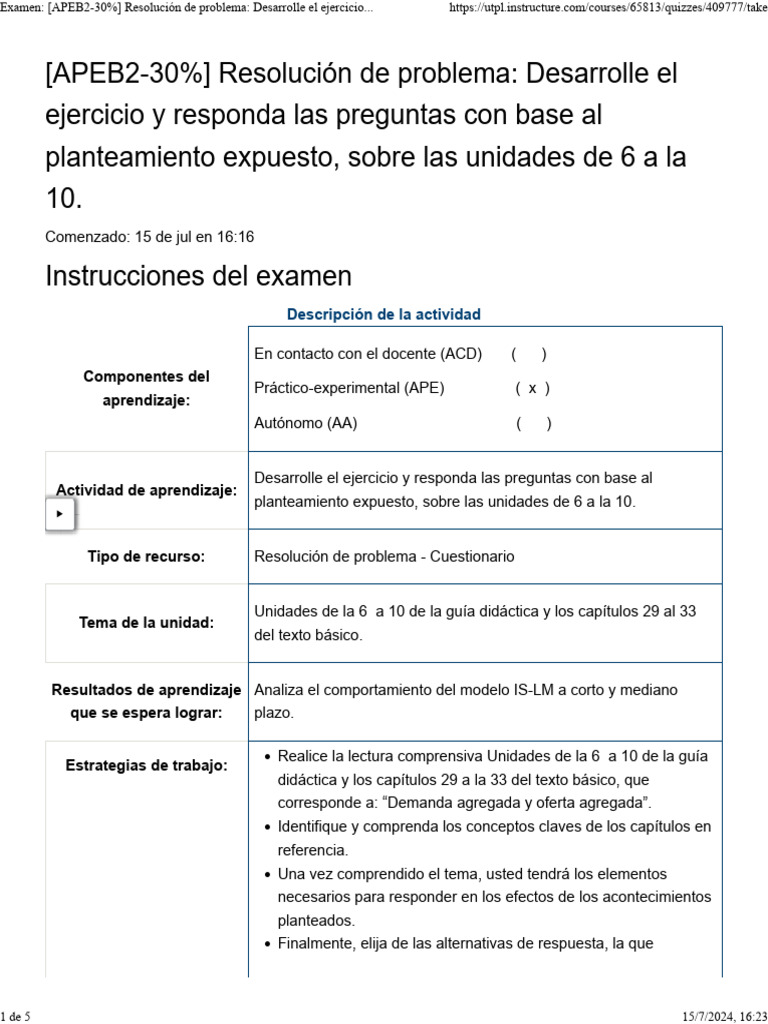 Examen - (APEB2-30 - ) Resolución de Problema - Desarrolle El Ejercicio y Responda Las Preguntas ...