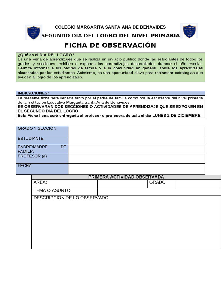 Ficha Del Segundo Dia Del Logro... | PDF