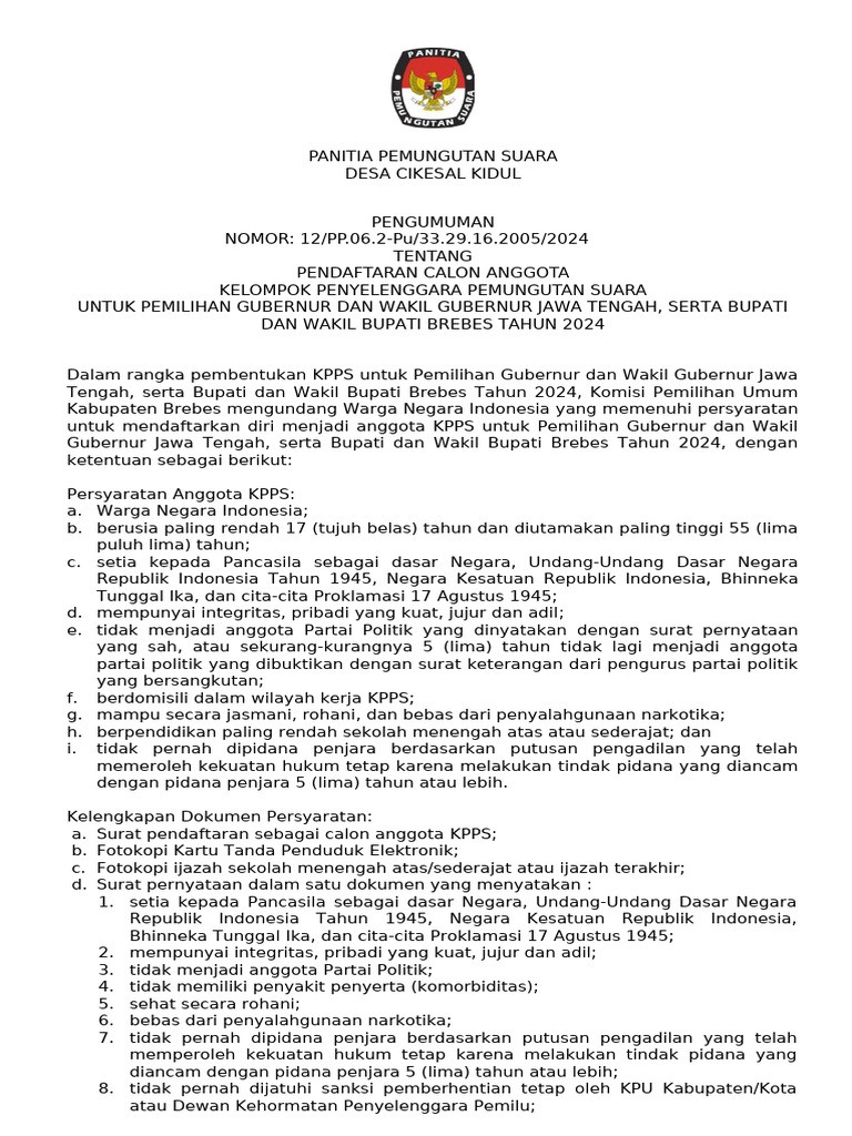 Pengumuman Pps Pendaftaran Kpps Mela Cikeusal Kidul - 112351-1 | PDF