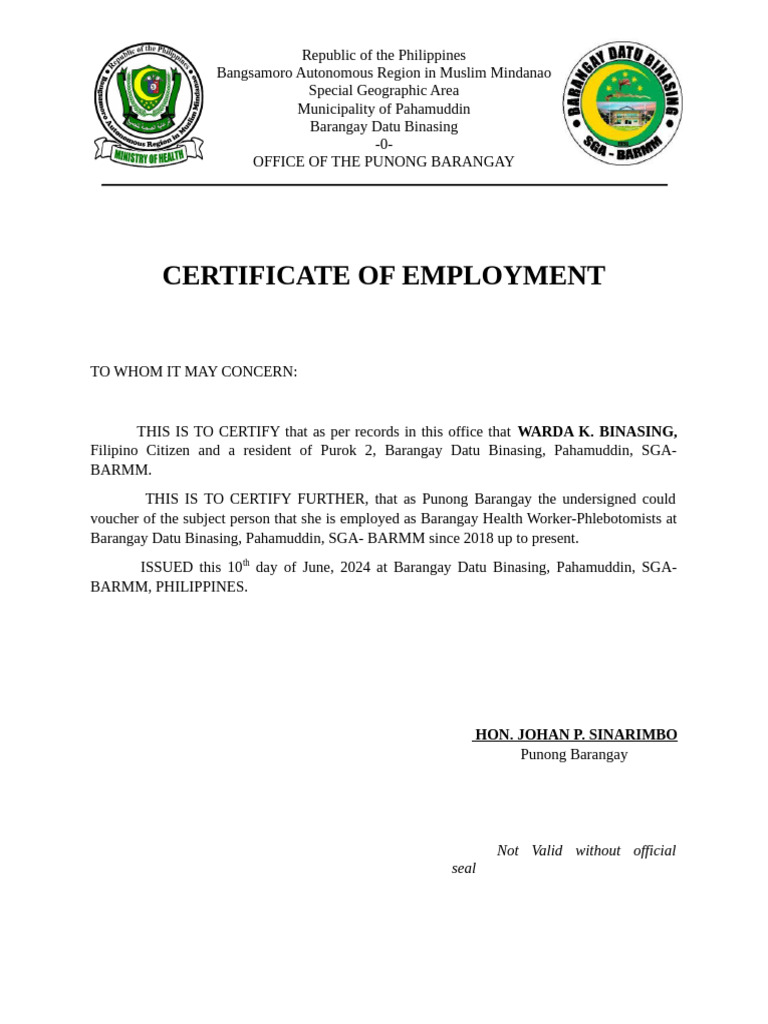 Barangay Employment Certification Sample | PDF
