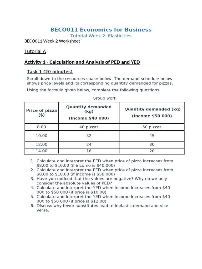 BECO011 2024 Week 2 Worksheet - 1 | PDF | Demand | Elasticity (Economics)