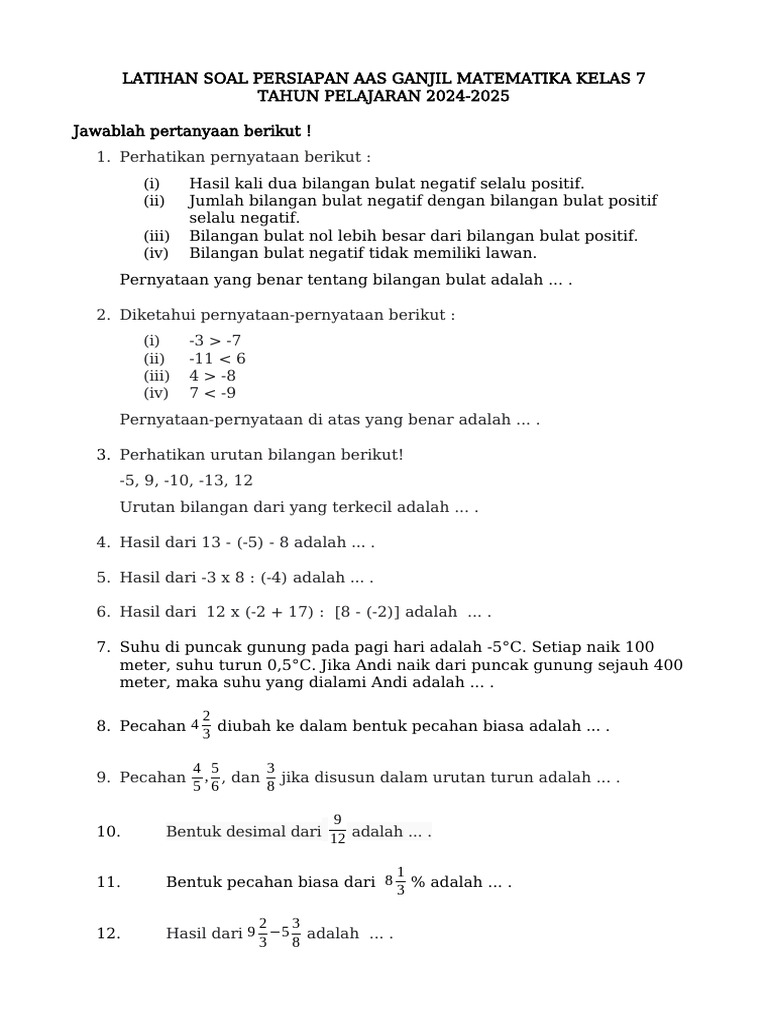 Latihan Soal Persiapan AAS Ganjil Matematika Kelas 7 | PDF