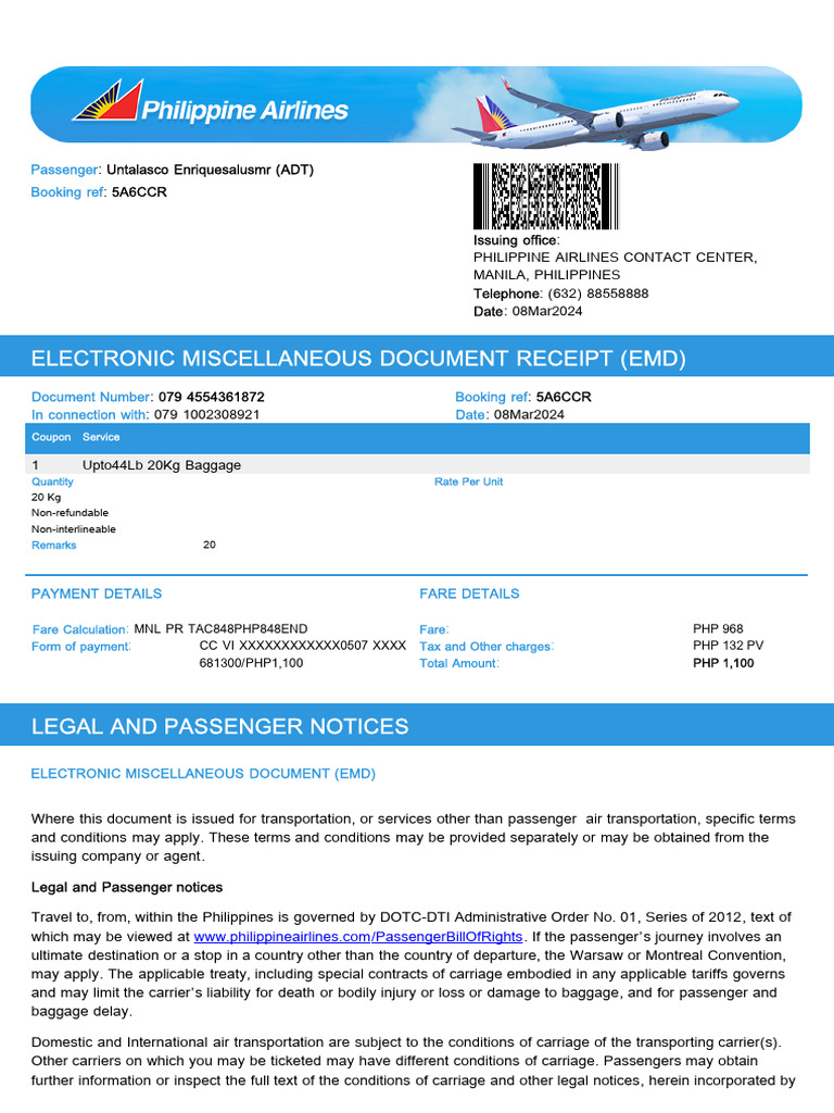 Philippine Airlines EMD Receipt Details | PDF