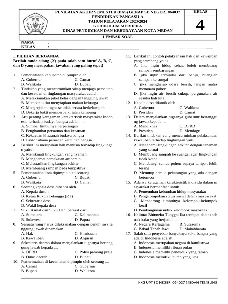 Soal Pas PPKN Genap Kelas 4 | PDF