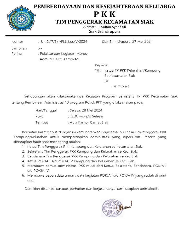 Monev Program PKK Kecamatan Siak 2024 | PDF