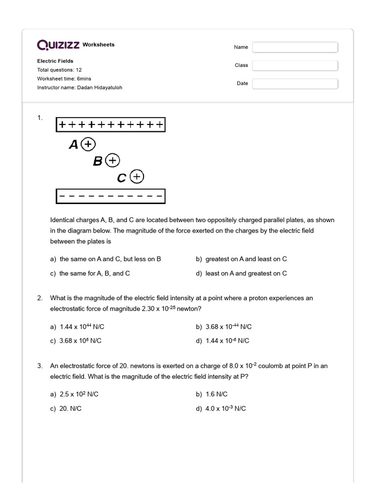 Quizizz - Electric Fields | PDF | Electric Field | Force