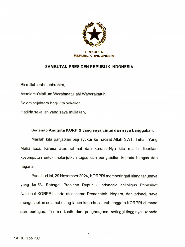 Sambutan Presiden RI Hari KORPRI | PDF