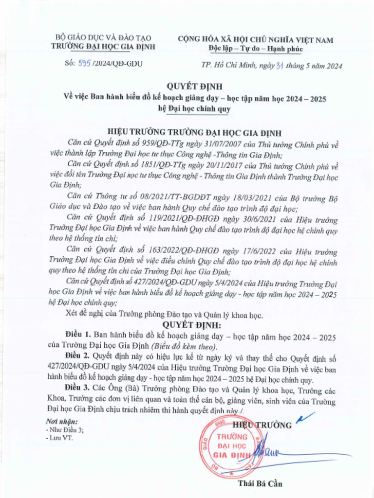 595 2024 QD Gdu VV Ban Hanh Bieu Do Ke Hoach Giang Day Hoc Tap NH 2024 ...