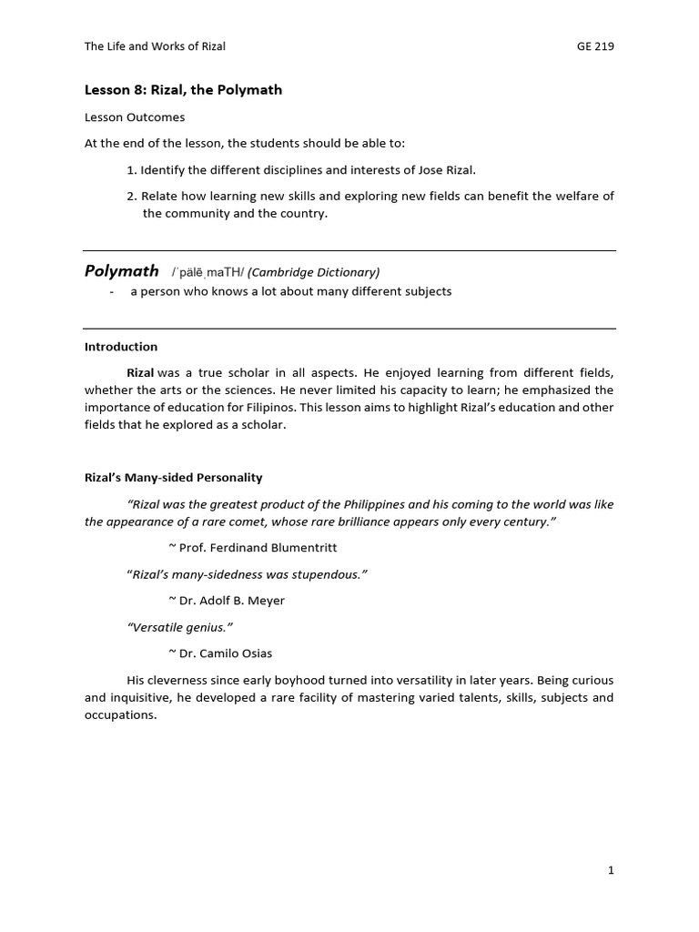 Lesson 8 Rizal The Polymath | PDF | Philippines