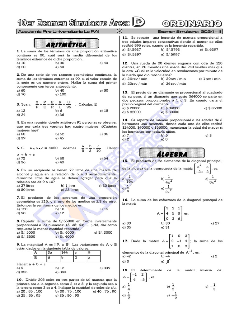 º Examen Ordinario Grupo D 2024-Iii | PDF | Lógica | Proposición