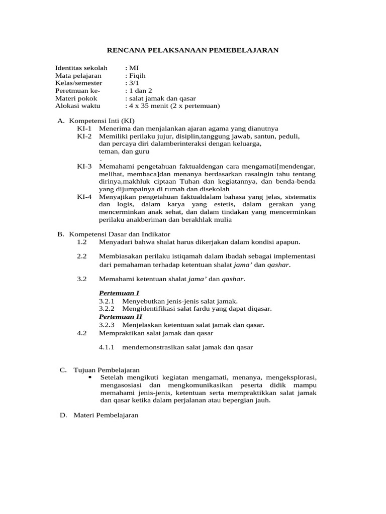 RPP K13 Fiqih Kelas 3 Semester 1 Jama' Qosor | PDF
