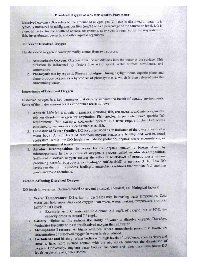 Dissolved Oxygen As Water Quality | PDF