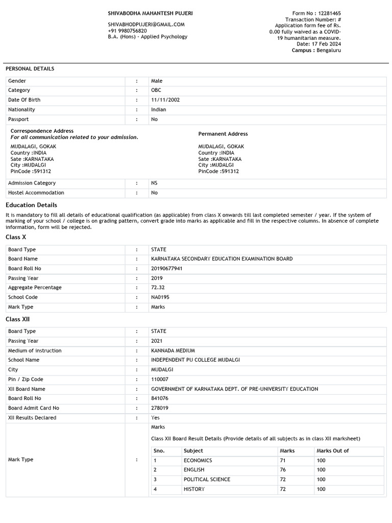 Admission Application for B.A. Psychology | PDF