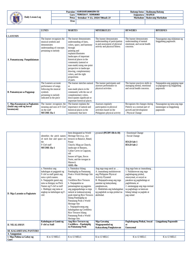 DLL Week 2 Mapeh | PDF