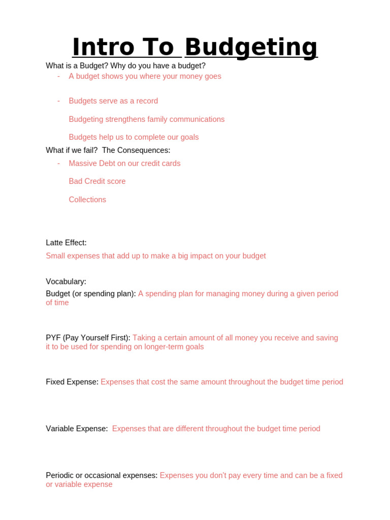 Intro To Budgeting WS | PDF