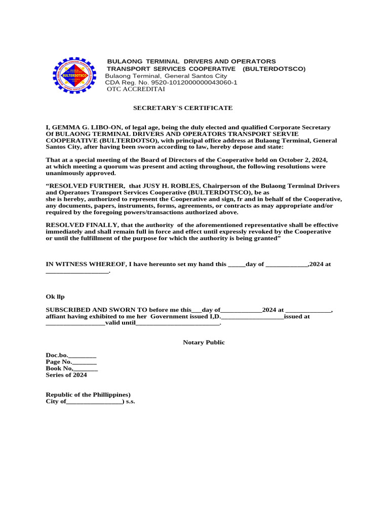 Bulaong Terminal Cooperative Resolutions | PDF | Affidavit | Common Law